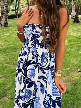 H&M | Dresses | Hm White And Blue Floral Smocked Midi Dress Nwot | Poshmark